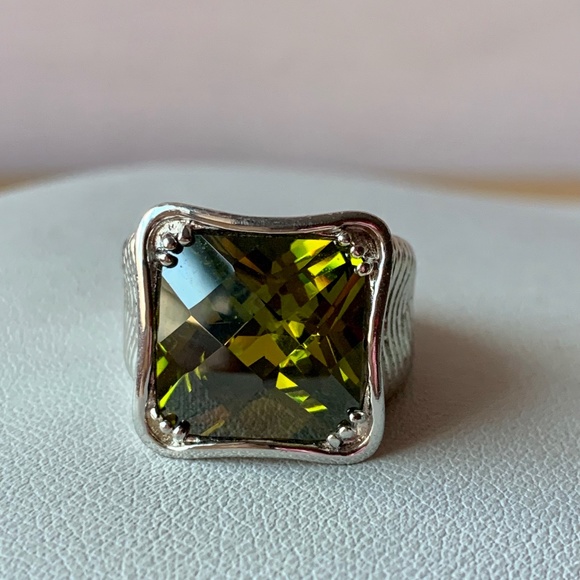 Jewelry | Vintage Huge Olive Green Cz Paste Glass Stone Ring 925 ...